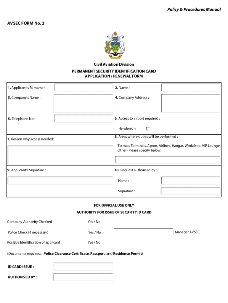 Fillable Online Policy & Procedures Manual AVSEC FORM No. 2 Fax Email Print - pdfFiller
