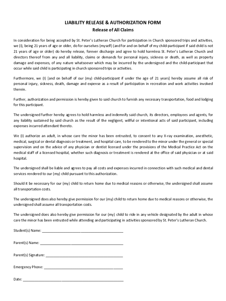 Fillable Online LIABILITY RELEASE & AUTHORIZATION FORM Fax Email Print ...