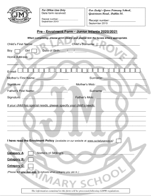 Fillable Online Pre - Enrolment Form - Junior Infants 2020/2021 Fax ...