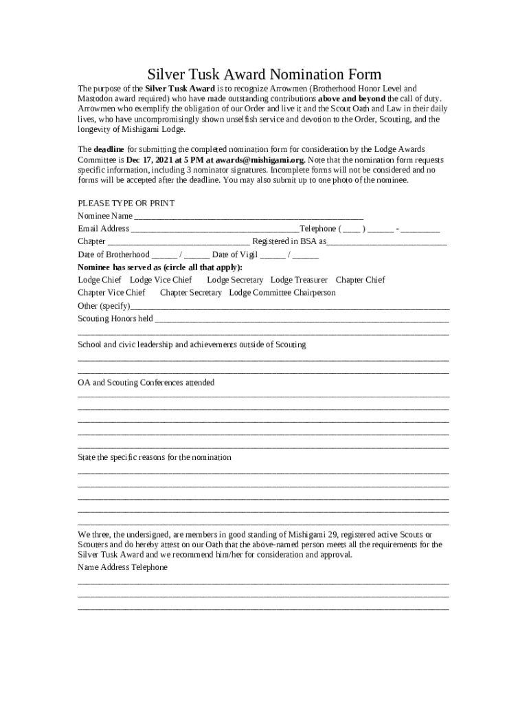 Silver Tusk Award Nomination Doc Template | pdfFiller