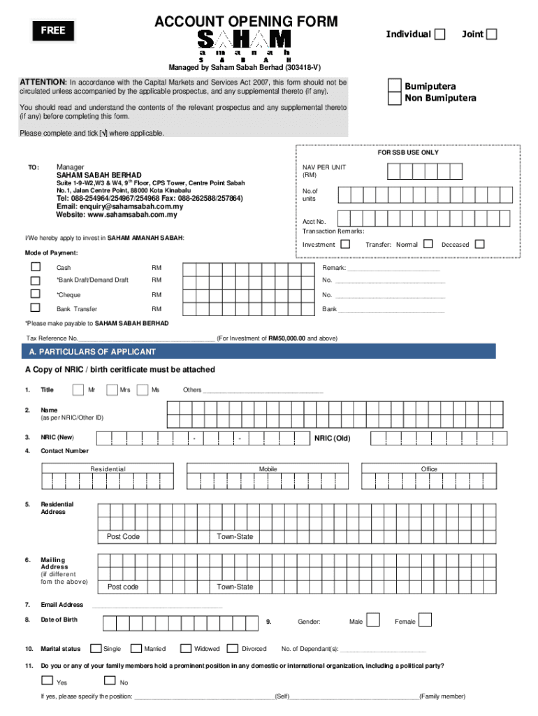 Fillable Online ACCOUNT OPENING FORMSaham Sabah ... Fax Email Print - pdfFiller