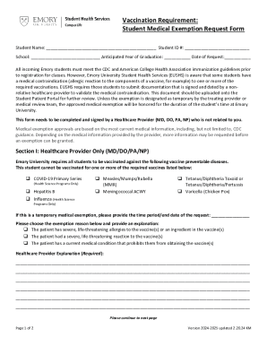 Fillable Online studenthealth emory Student Medical Exemption Request ...