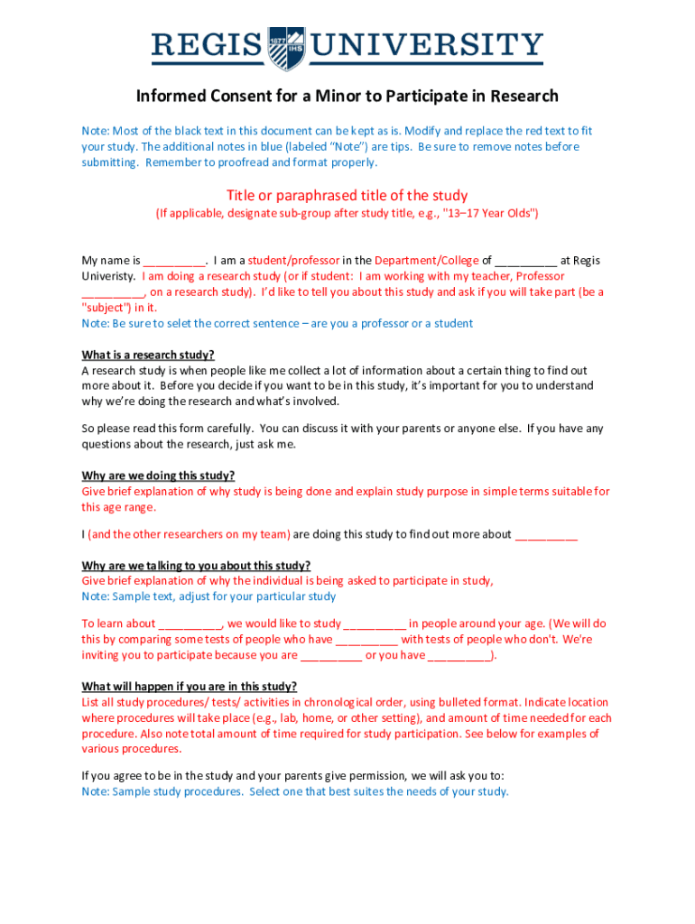Fillable Online Informed Consent for a Minor to Participate in Research ...
