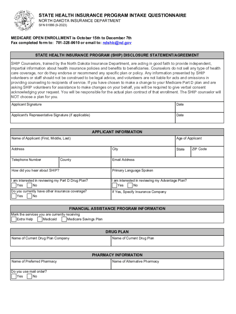 Fillable Online state health insurance program intake questionnaire ...