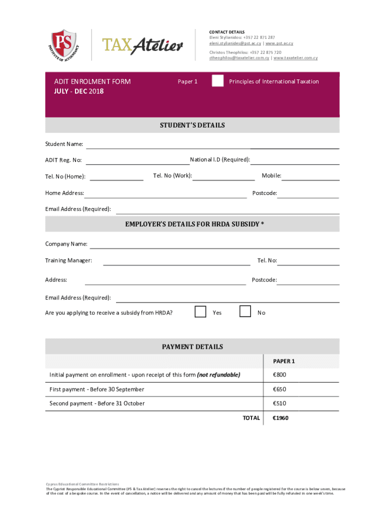 Fillable Online pst ac ADIT ENROLMENT FORM JANUARY - JUNE 2019 Fax Email Print - pdfFiller