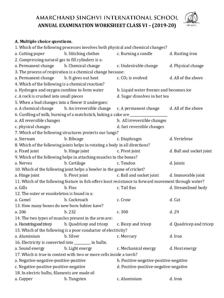 Fillable Online ANNUAL EXAMINATION WORKSHEET CLASS VI Fax Email Print ...