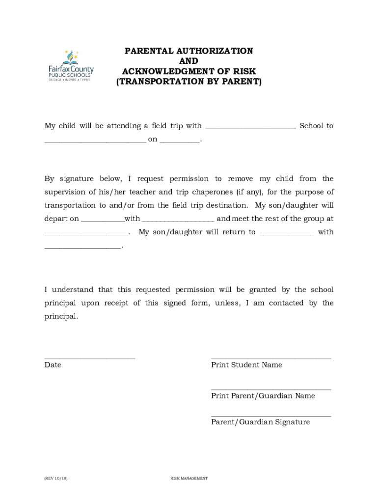 Fillable Online PARENTAL AUTHORIZATION AND ACKNOWLEDGMENT OF RISK ...