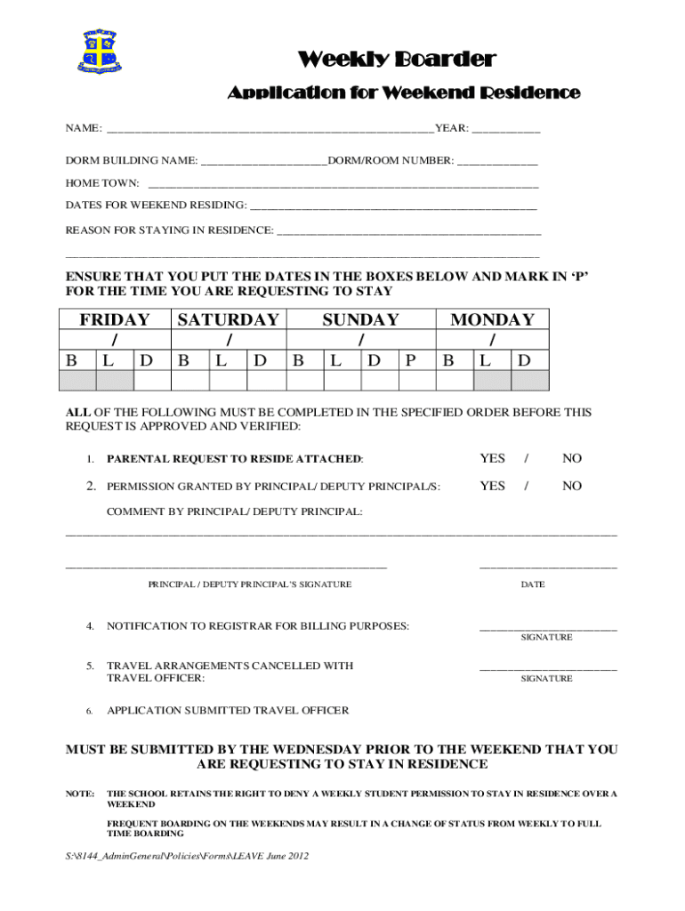 Fillable Online Weekly Boarder Fax Email Print - pdfFiller