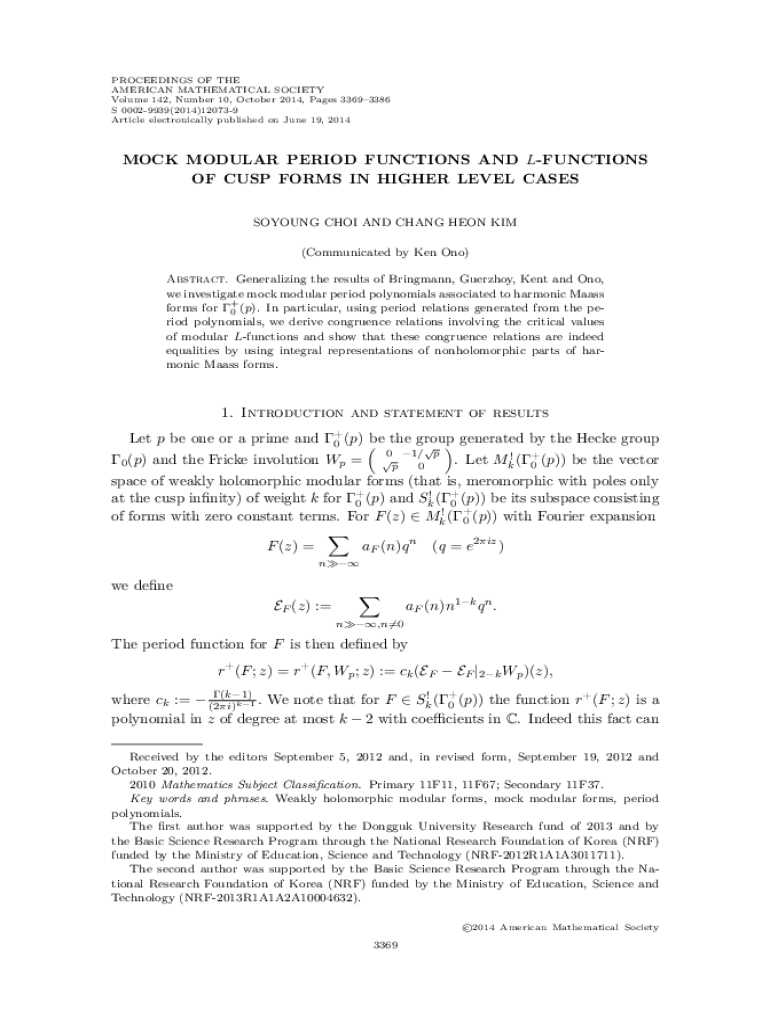 Fillable Online Mock Modular Period Functions And Functions Of Cusp Forms In Higher Level Cases