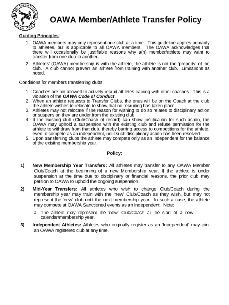 OAWA Member/Athlete Transfer Policy Doc Template | pdfFiller