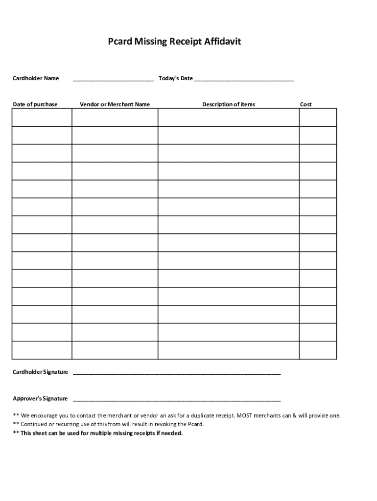 Fillable Online Missing Receipt Affidavit for Card Purchases Fax Email ...