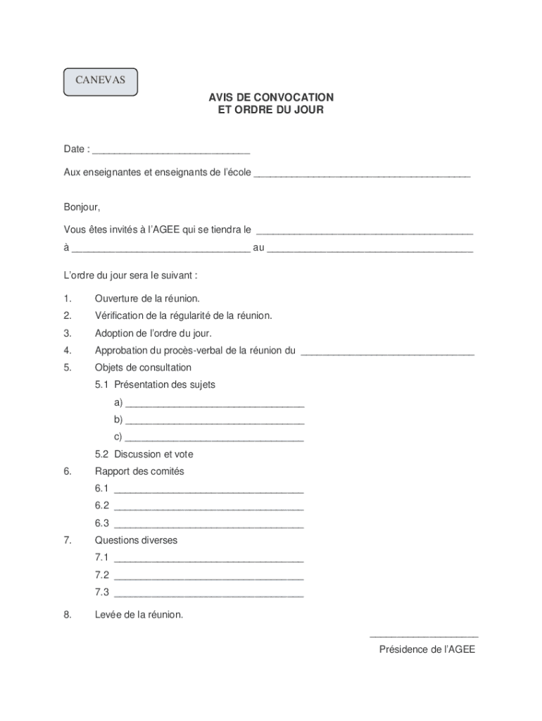 Remplissable En Ligne AVIS DE CONVOCATION ET ORDRE DU JOUR CANEVAS Fax Email Imprimer - pdfFiller