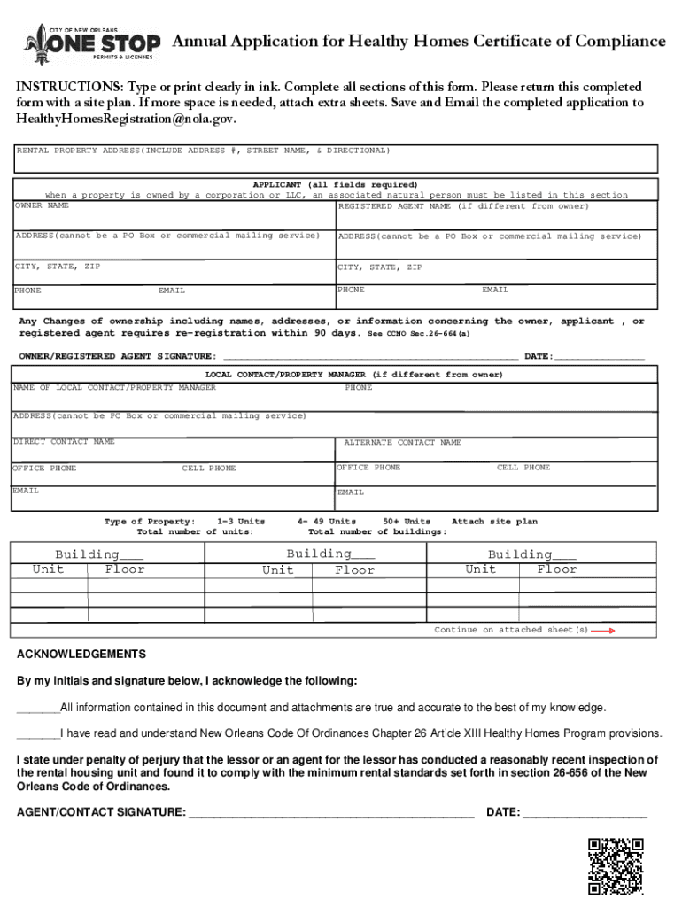 Fillable Online Annual Application for Healthy Homes Certificate of ...