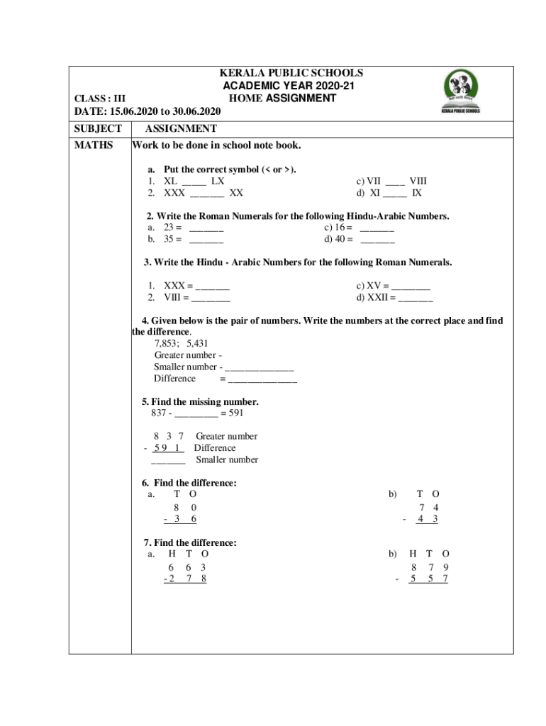 Fillable Online Worksheet - Std. III - Mathematics - Assignment 1 ...