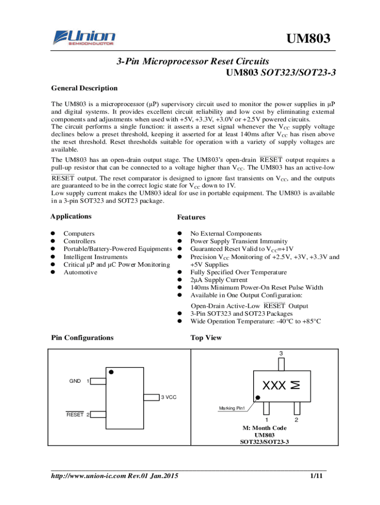 Fillable Online 3-Pin Microprocessor Reset Circuits UM803 SOT323 ...