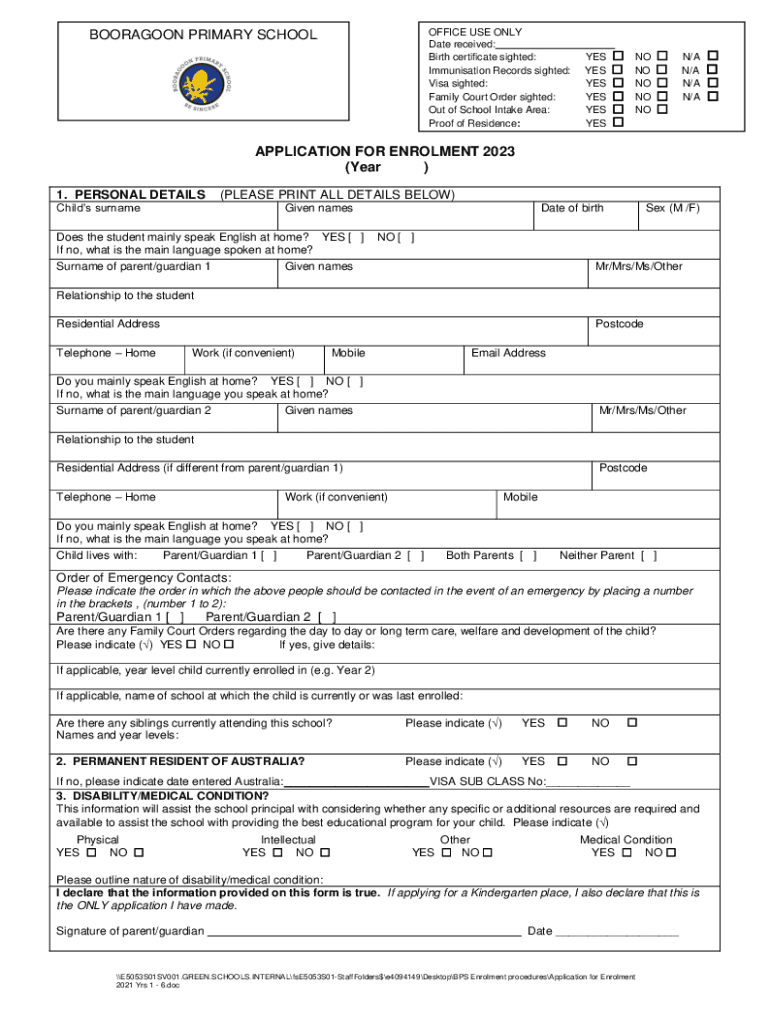Fillable Online Application-for-Enrolment-2023-Yrs-1- ... Fax Email ...
