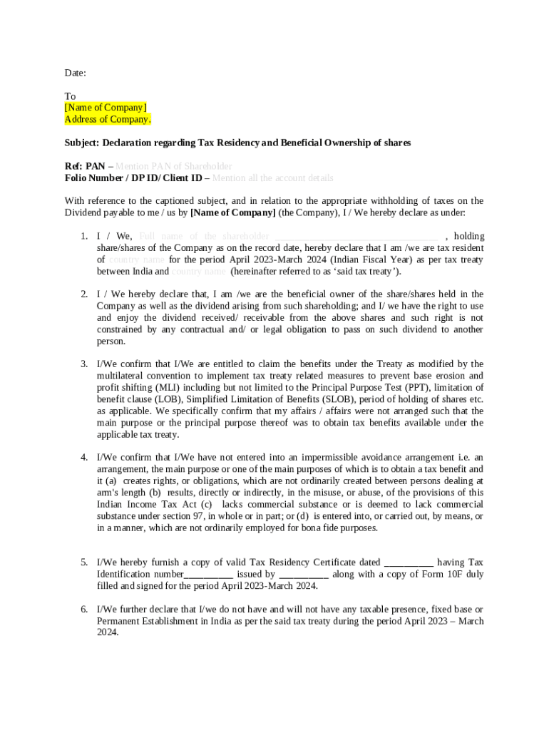 Annexure 4 - Non-resident Tax Declaration Doc Template | pdfFiller