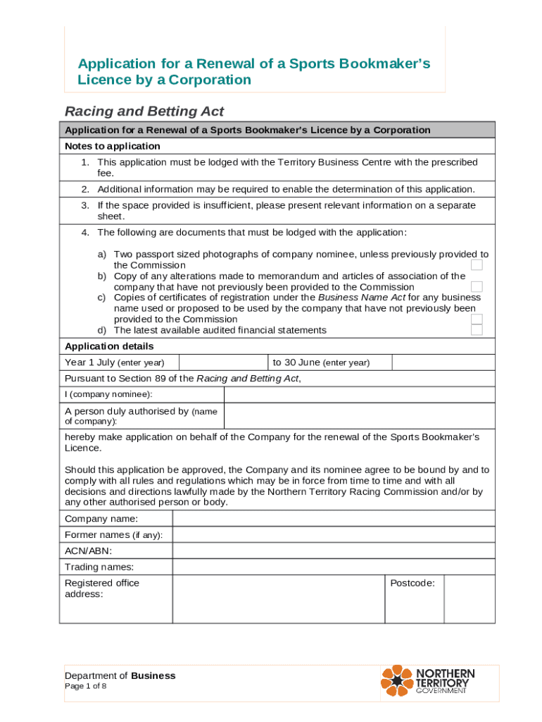 Application for renewal of sports bookmaker's licence - corporation - nt gov Doc Template ...