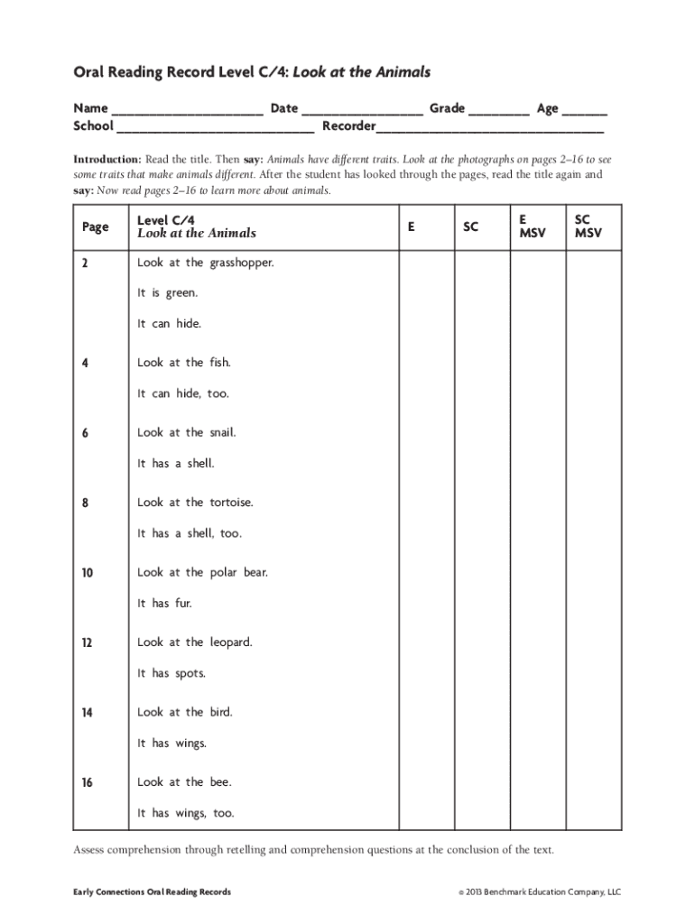 Fillable Online Oral Reading Record Level O/34: Animal Behaviorists Fax ...