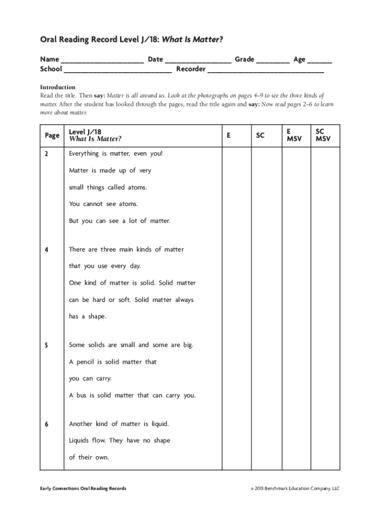Fillable Online Oral Reading Record Level J/18: What Is Matter? Fax ...