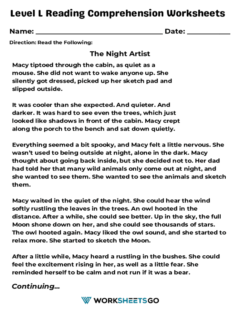 Fillable Online Level L Reading Comprehension Worksheets Fax Email ...