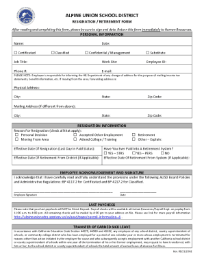 Fillable Online alpine union school district - resignation / retirement ...