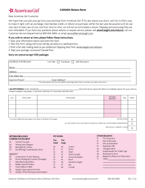 Fillable Online Return Form - American Girl - Fill and Sign Printable ...