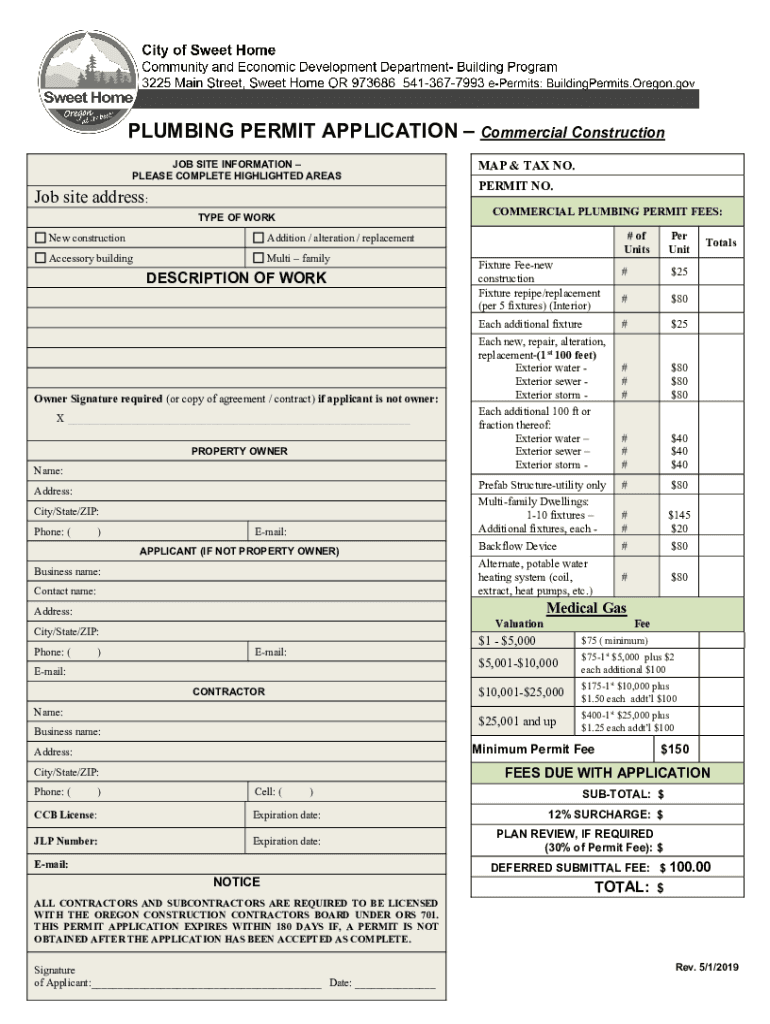 Fillable Online PLUMBING PERMIT APPLICATIONCommercial ... Fax Email ...
