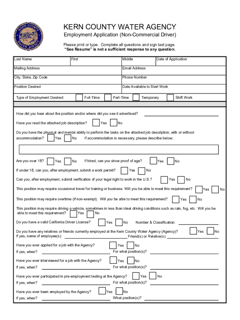 Fillable Online Office Assistant. Kern County Water Agency (Bakersfield ...