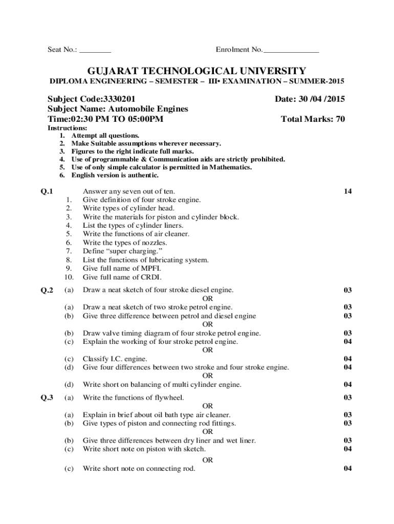 Fillable Online GTU Question Papers (Automobile All Semester Subjects ...