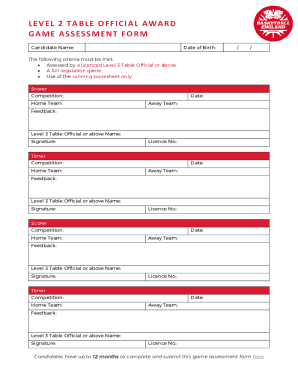 Fillable Online level 2 table official award game assessment form Fax ...
