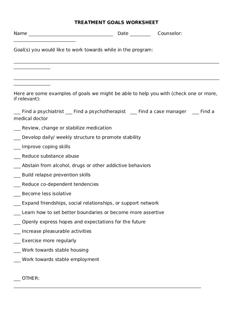 Treatment Goals Worksheet Doc Template | pdfFiller
