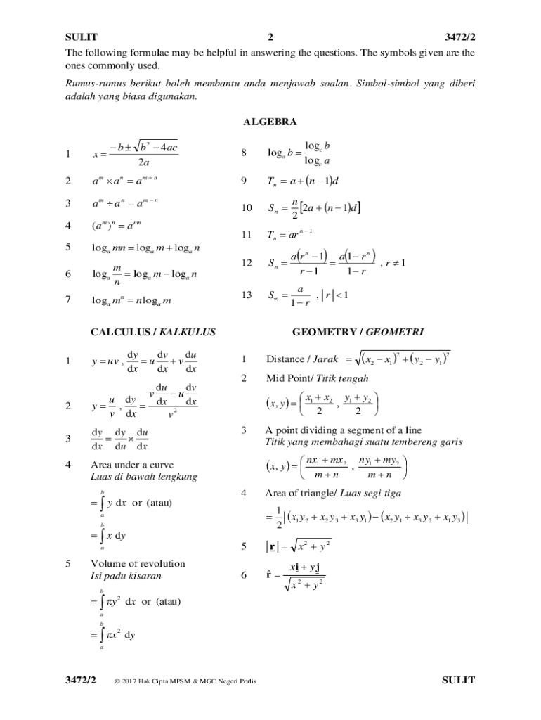 Fillable Online add Mathematics formula 1 .pdf - SULIT 2 3472/1 The ...