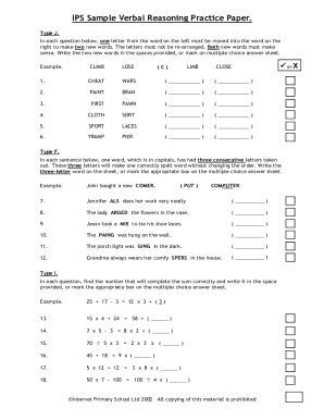 Fillable Online IPS Sample Verbal Reasoning Practice PaperPDF Fax Email Print - pdfFiller