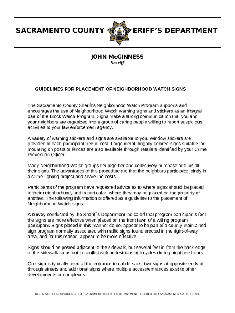 GUIDELINES FOR PLACEMENT OF NEIGHBORHOOD WATCH SIGNS Doc Template ...