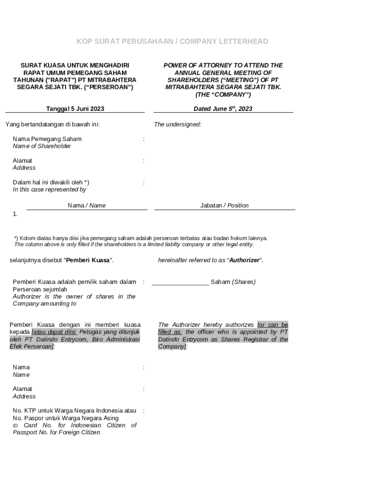 SURAT KUASA UNTUK MENGHADIRI RAPAT UMUM PEMEGANG SAHAM TAHUNAN ("RAPAT ...