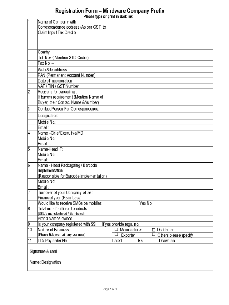Fillable Online Registration Form Mindware Company Prefix Fax Email ...