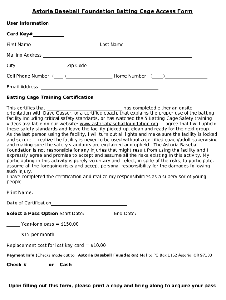 Astoria Baseball Foundation Batting Cage Access Doc Template | pdfFiller