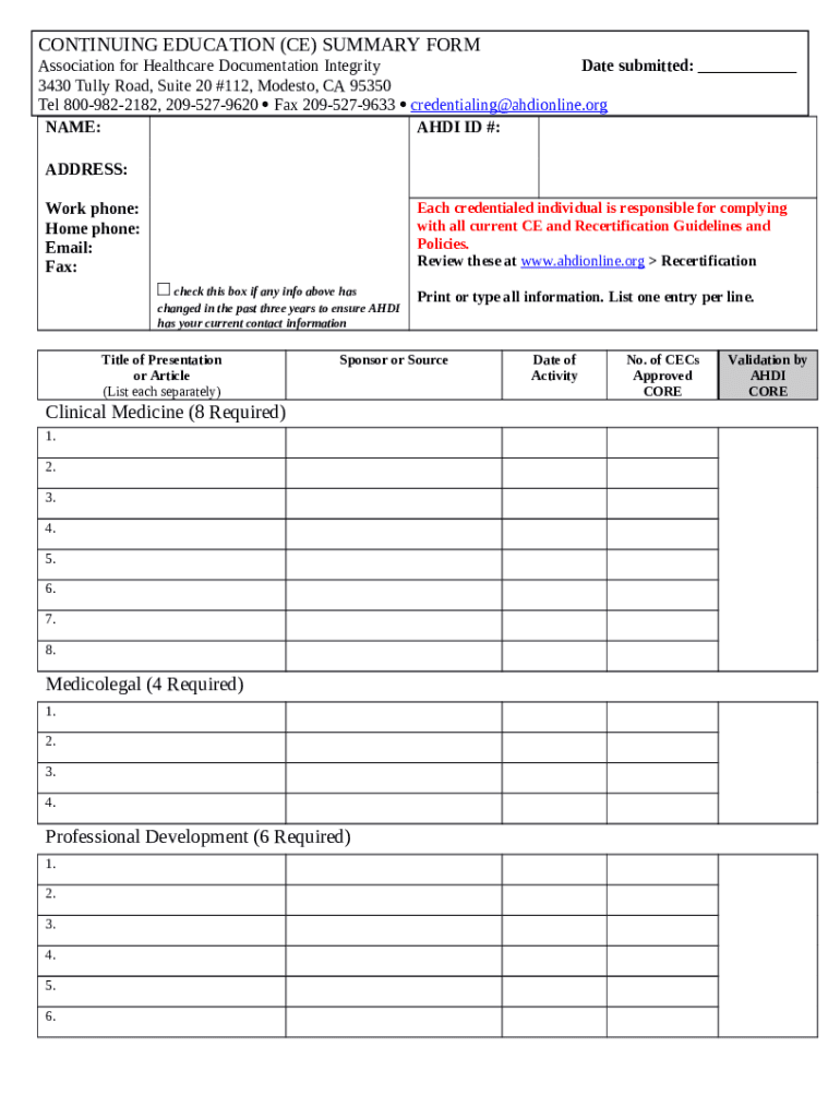 rhds continuing education (ce) summary Doc Template | pdfFiller