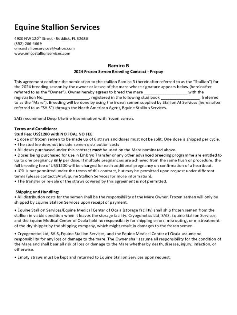 Fillable Online Equine Stallion Service, 4900 NW 120th St, Reddick, FL ...