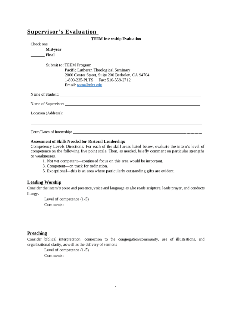 Internship Evaluation (to be completed by supervisor) Doc Template ...