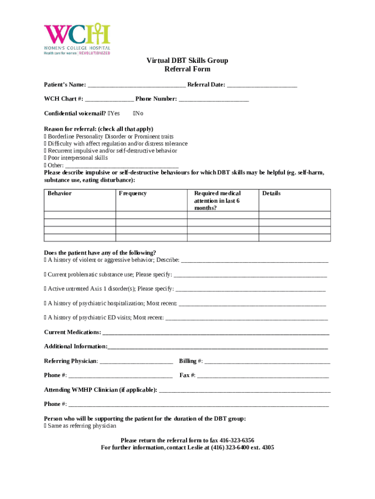 DBT Skills Group Referral (.docx) Doc Template | pdfFiller