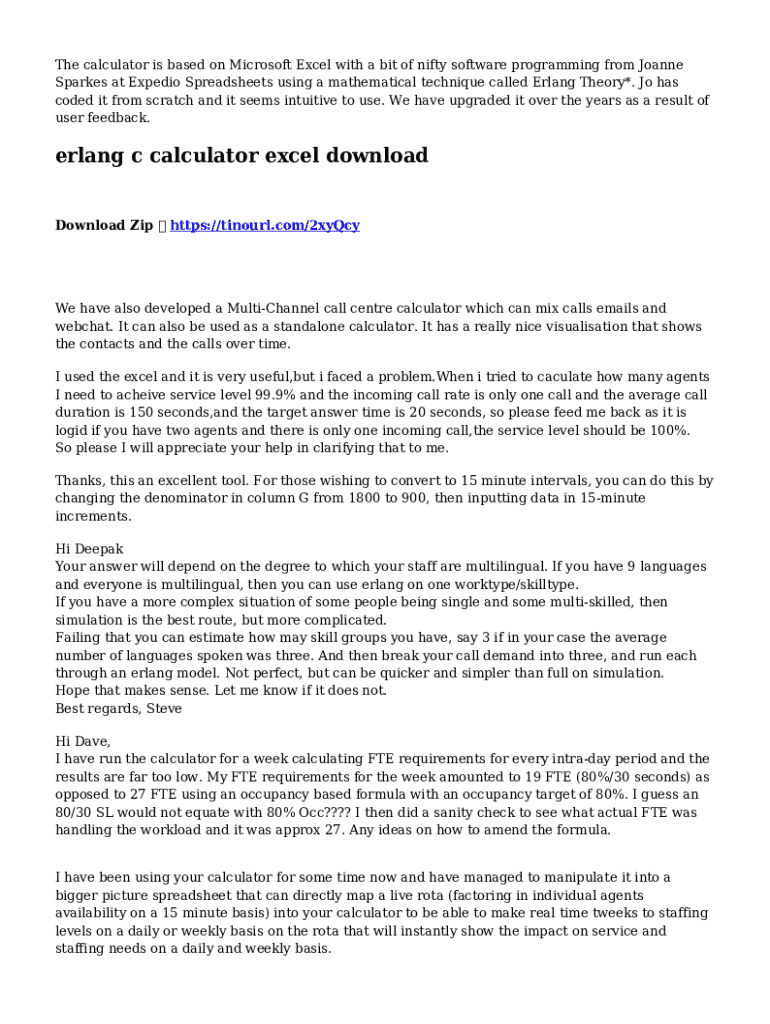 Fillable Online Excel Based Erlang Calculator for Contact Centres Fax Email Print - pdfFiller