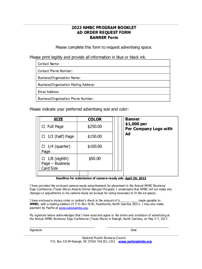 Fillable Online 2023 NMBC PROGRAM BOOKLET AD ORDER REQUEST FORM ... Fax ...