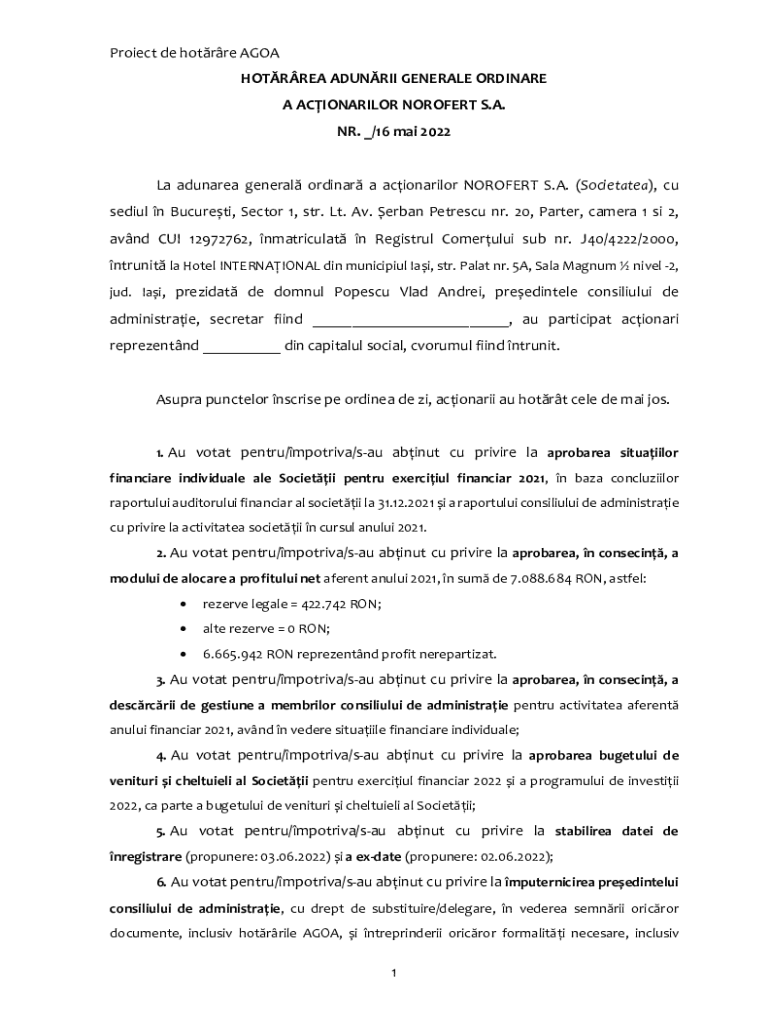 Fillable Online 1 La adunarea general ordinar a acionarilor ... Fax Email Print - pdfFiller