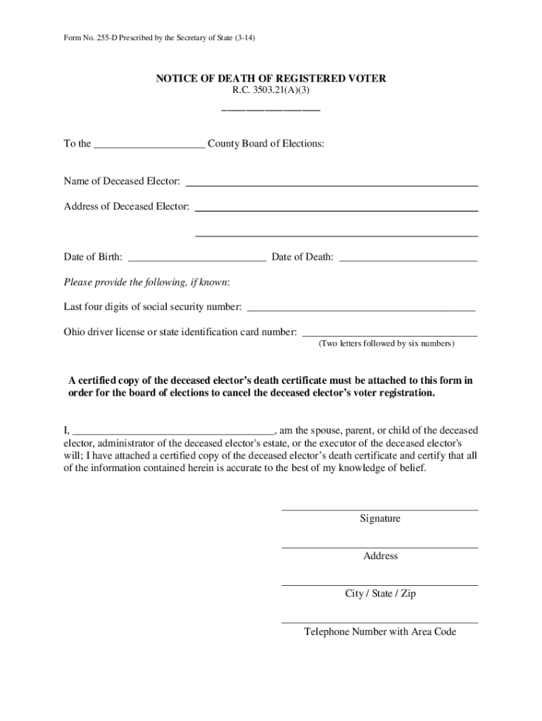 Fillable Online Form 255: Notice of Cancellation of Voter Registration ...