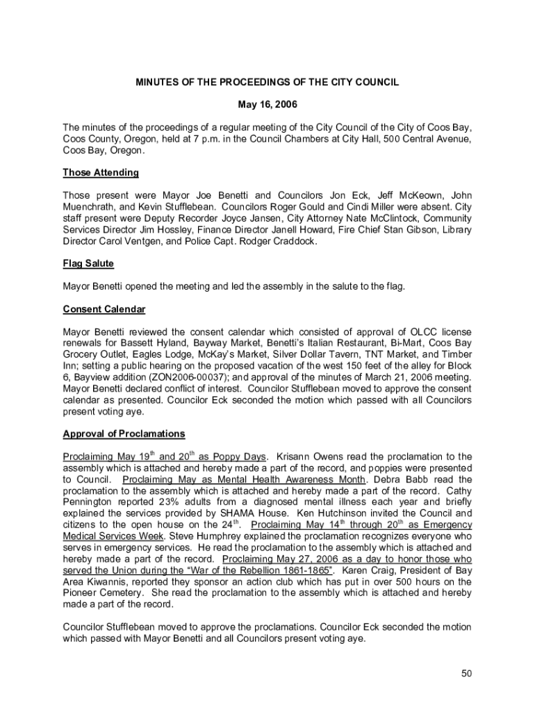 Fillable Online Those present were Mayor Joe Benetti and Councilors Jon ...