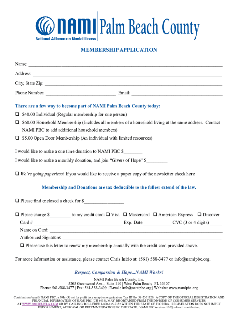Fillable Online Become a Member of NAMI Palm Beach County Fax Email ...