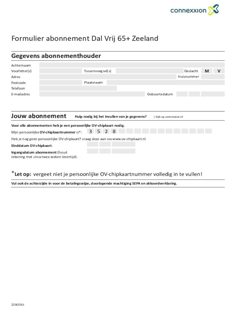 Invulbaar Online Formulier abonnement Dal Vrij 65+ Zeeland Faxnummer ...