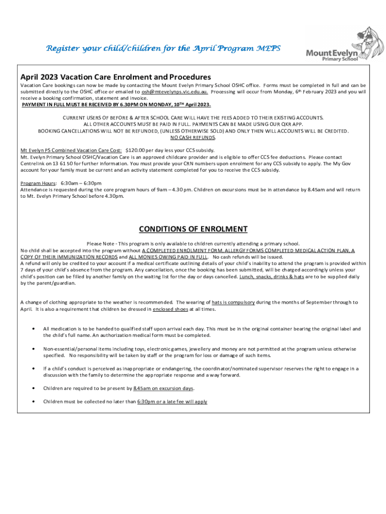 Fillable Online MEPS April Vacation Care Booking Form Fax Email Print ...